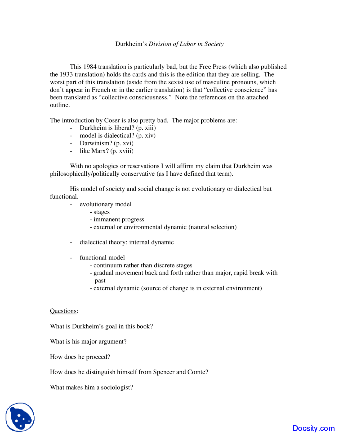 Division Of Labor In Society Classical Theory Lecture Notes Docsity