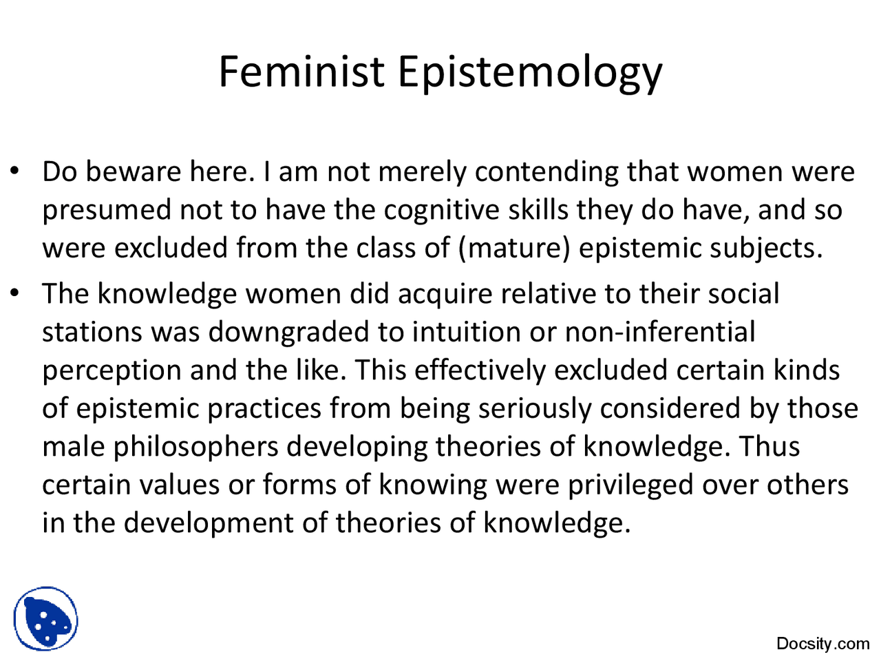 Feminist Epistemology - Introduction to Philosophy - Lecture Slides - Docsity