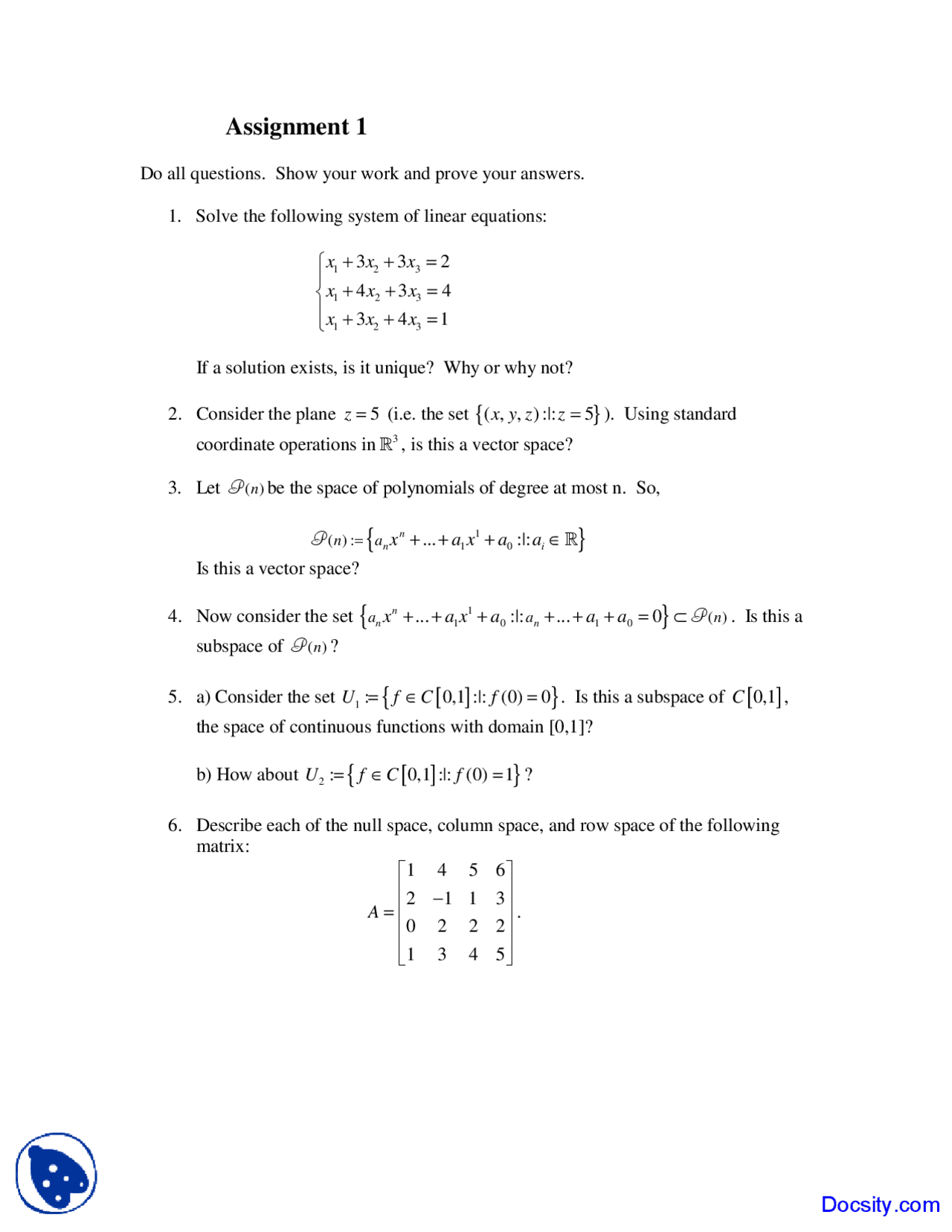 Linear Equations Math Assignment Docsity