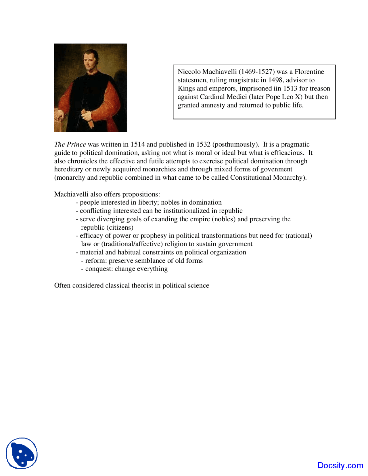 Niccolo Machiavelli Classical Theory Lecture Notes Docsity
