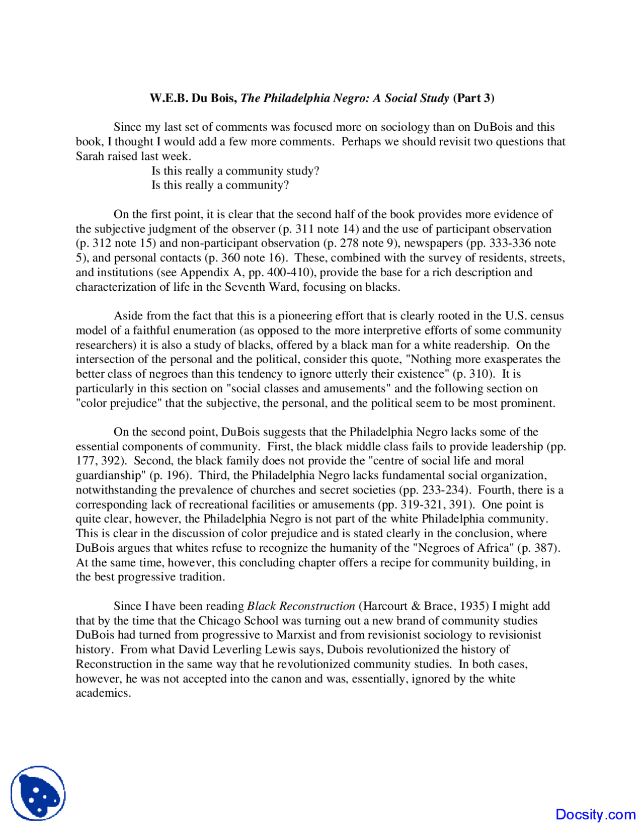 Dubois Community Organization Lecture Notes Docsity