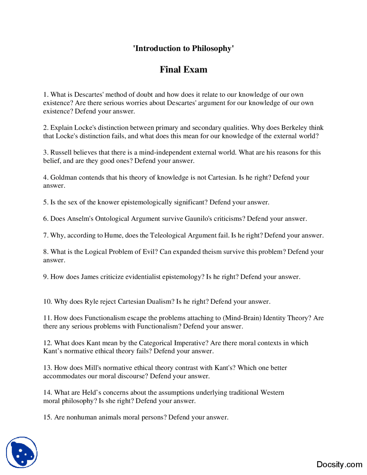 Descartes Method of Doubt - Introduction to Philosophy - Exam - Docsity