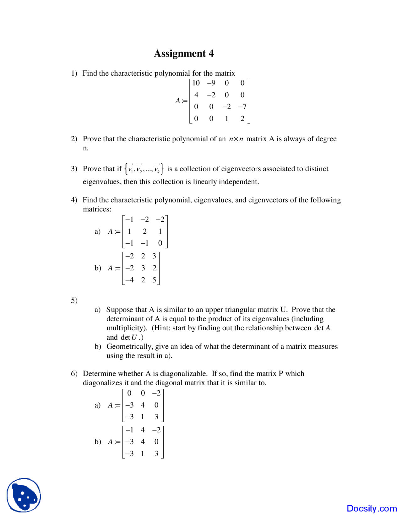 Characteristic Polynomial Math Assignment Docsity