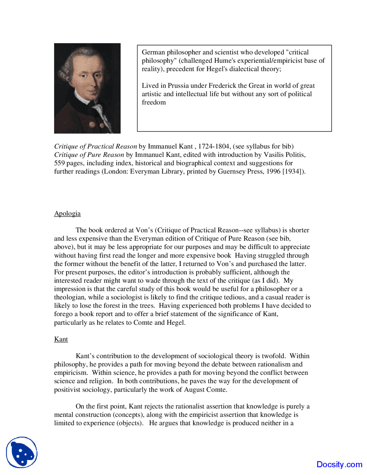Immanuel Kant Classical Theory Lecture Notes Docsity