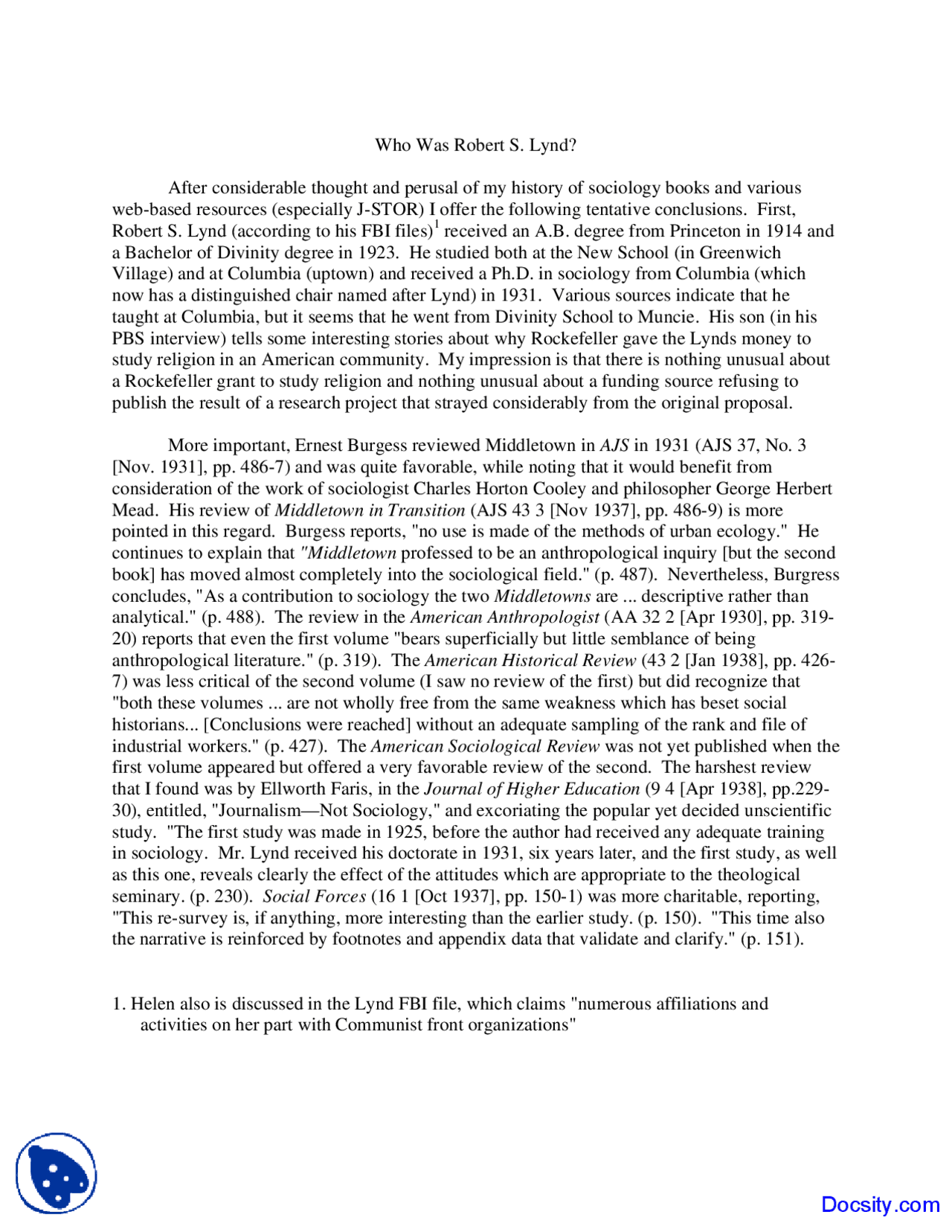 Robert Lynd Community Organization Lecture Notes Docsity