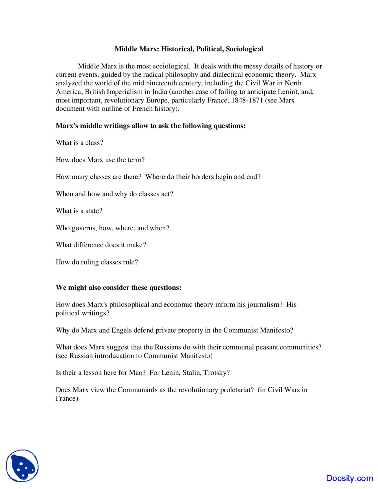 Middle Marx Classical Theory Lecture Notes Docsity