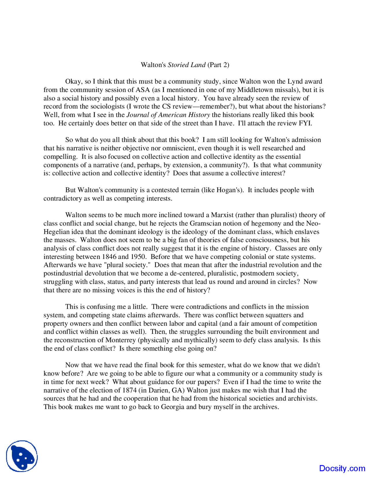 Walton Community Organization Lecture Notes Docsity