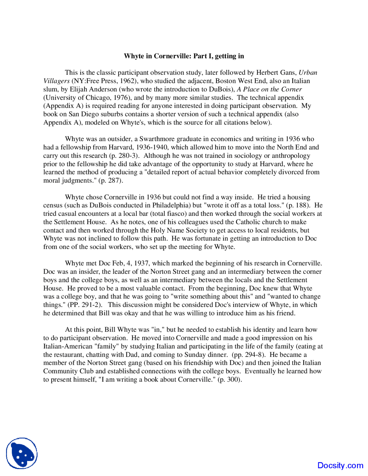 Cornerville Community Organization Lecture Notes Docsity
