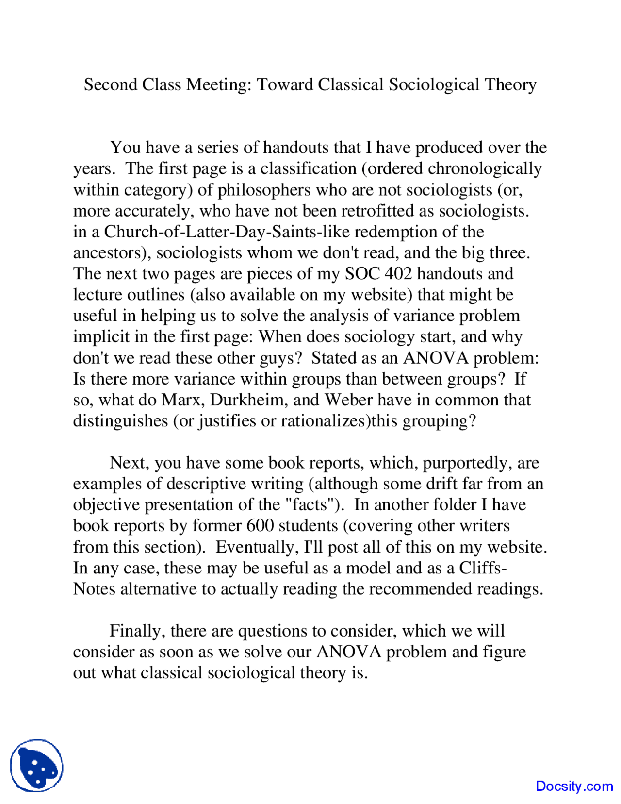 Second Class Meeting Classical Theory Lecture Notes Docsity