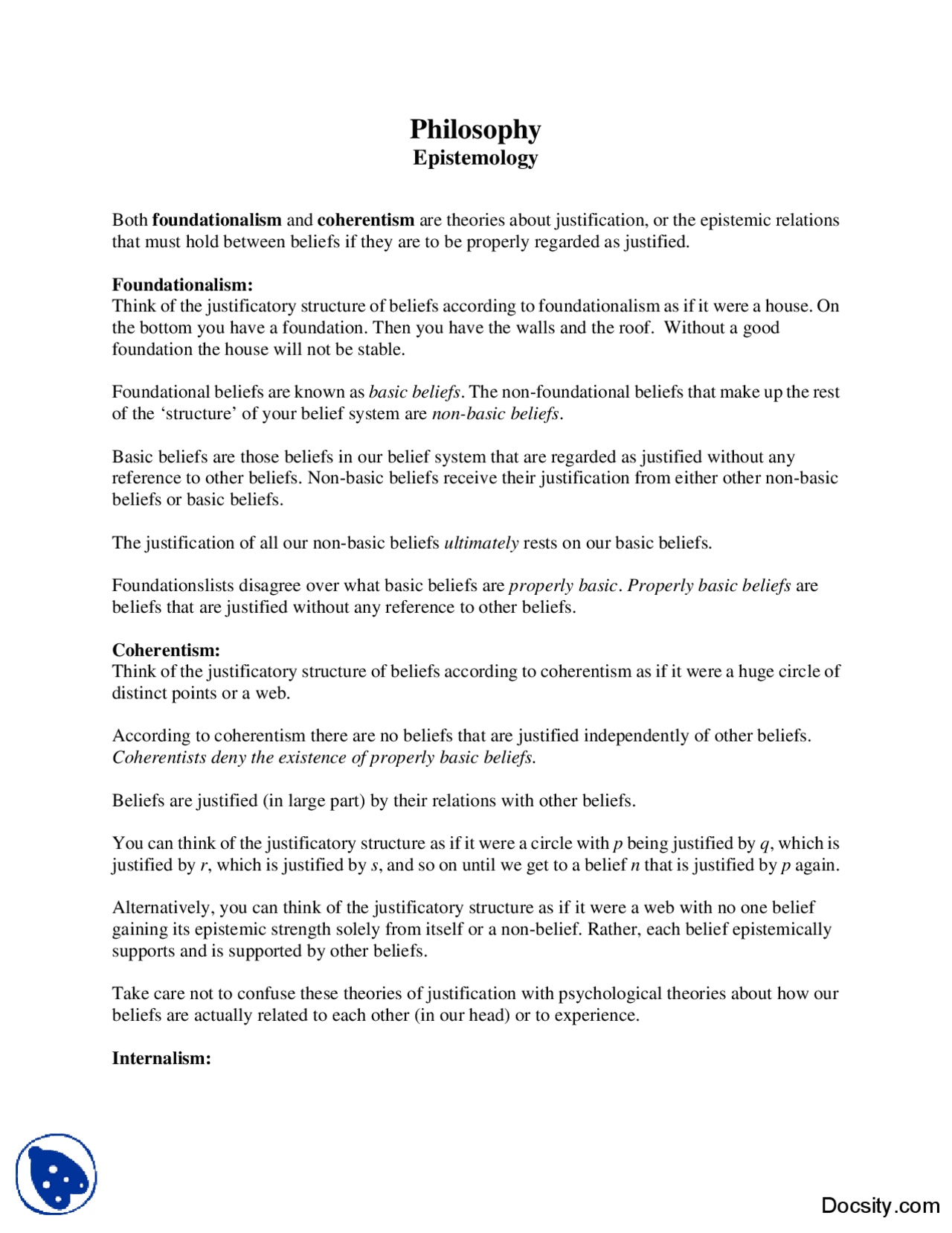 Epistemology Introduction To Philosophy Lecture Notes Docsity