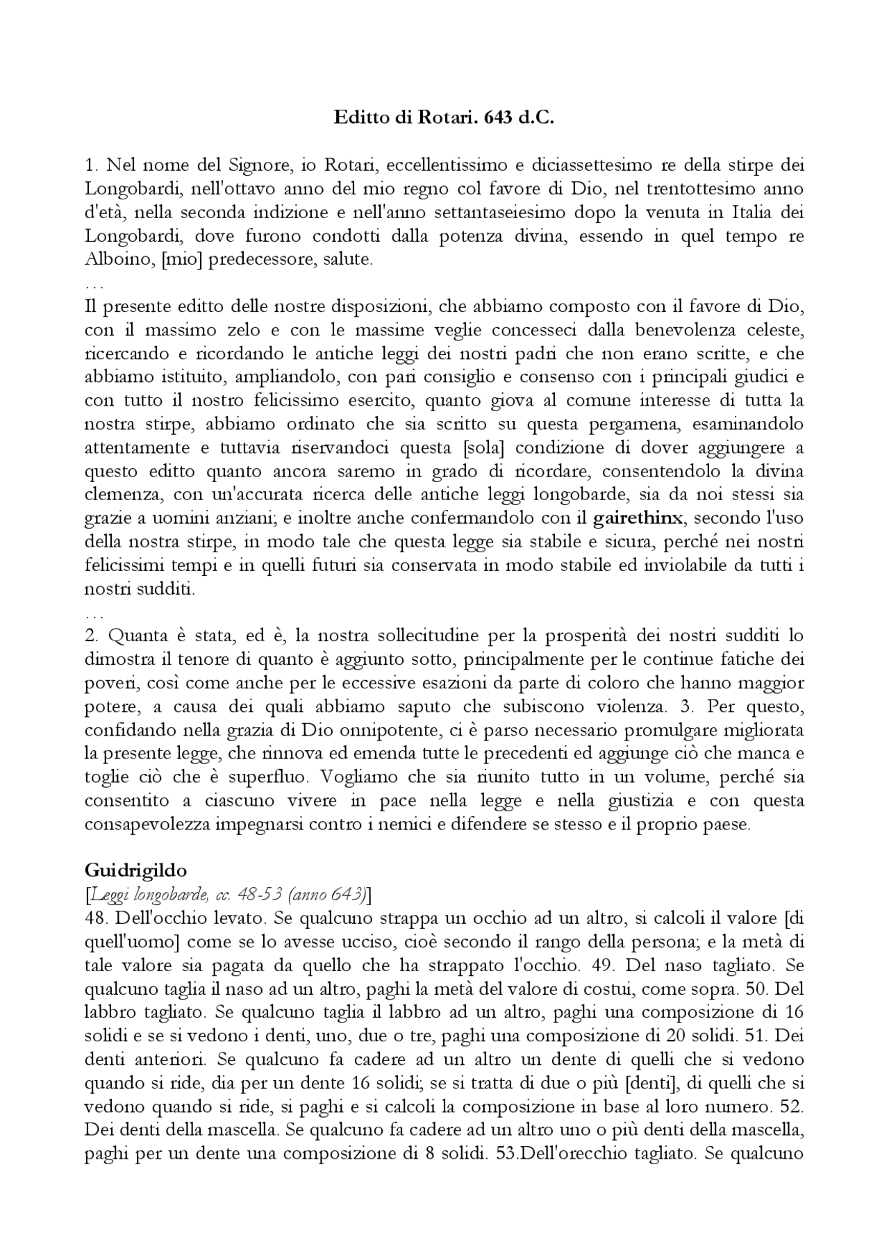 Editto di Rotari - Storia del diritto medievale e moderno - Docsity