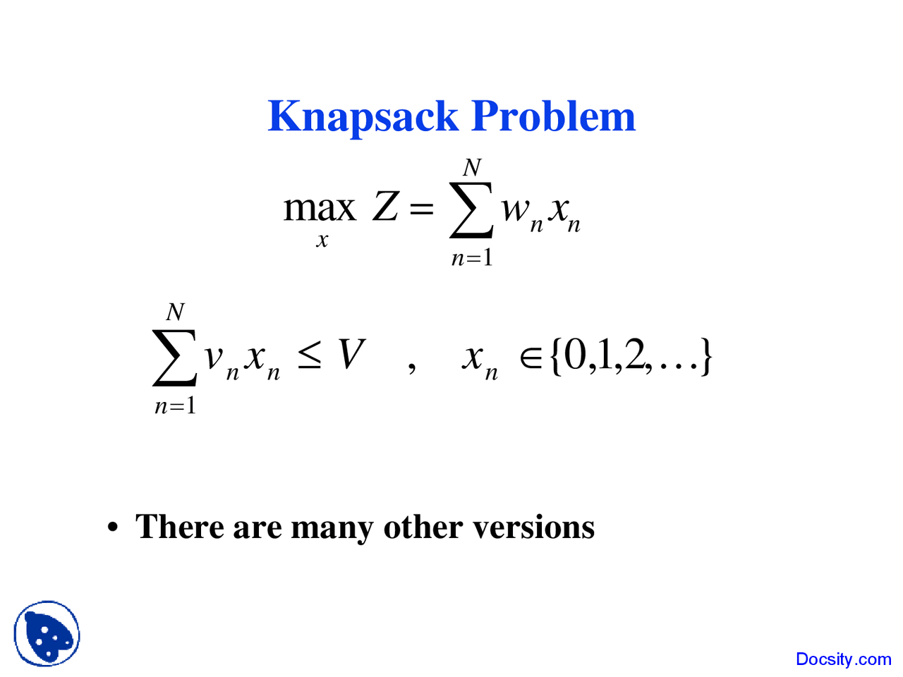 Knapsack Problem Introduction To Operations Research Lecture Slides Docsity