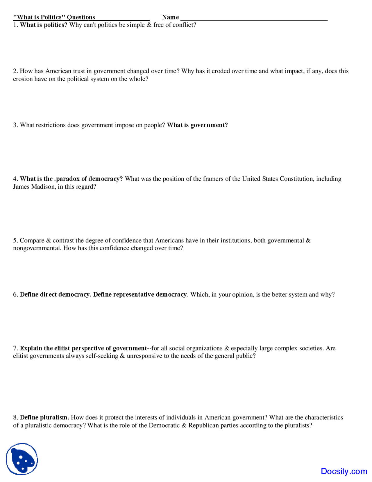 What Is Politics Introduction To American Government Quiz Docsity
