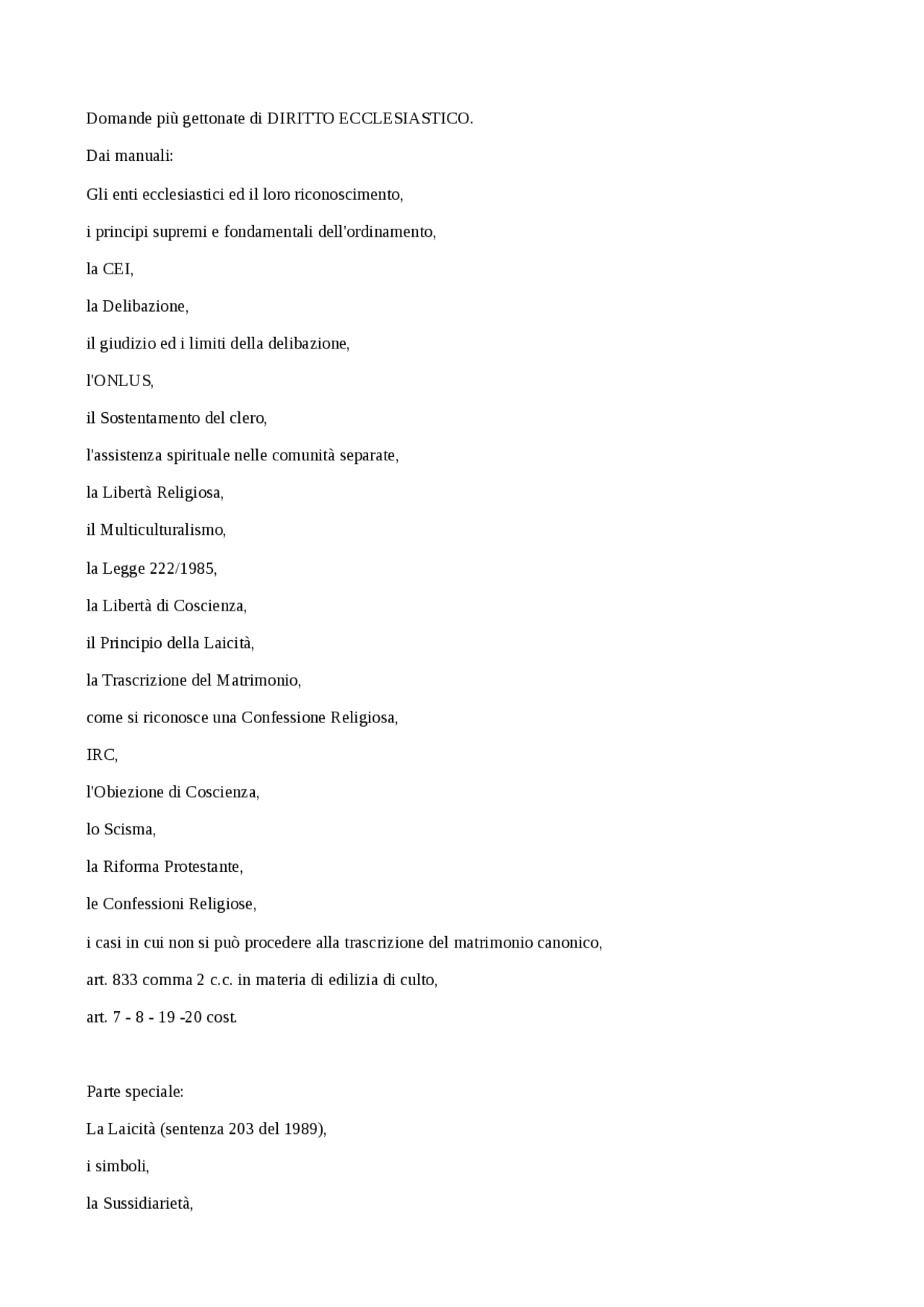 Domande Più Gettonate Di Diritto Ecclesiastico Prove Desame Di
