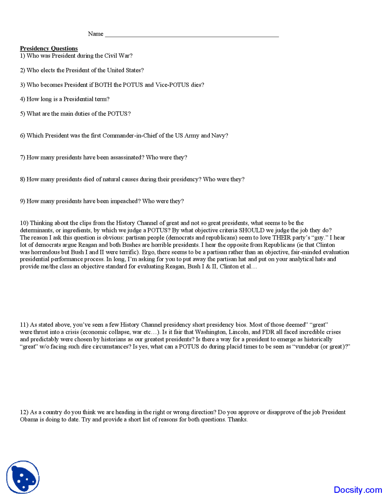 Presidency Introduction To American Government Quiz Docsity