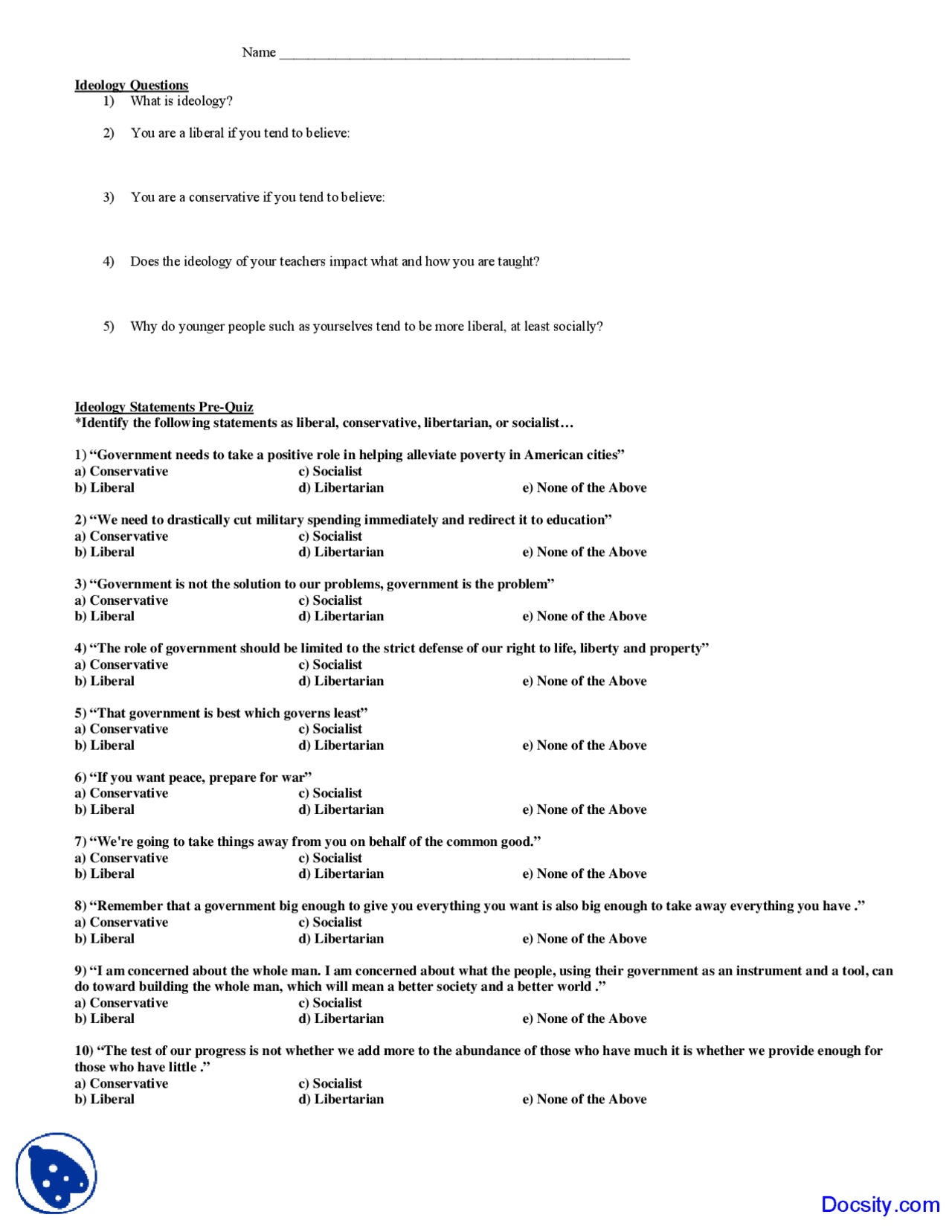 Ideology Statements Introduction To American Government Quiz Docsity