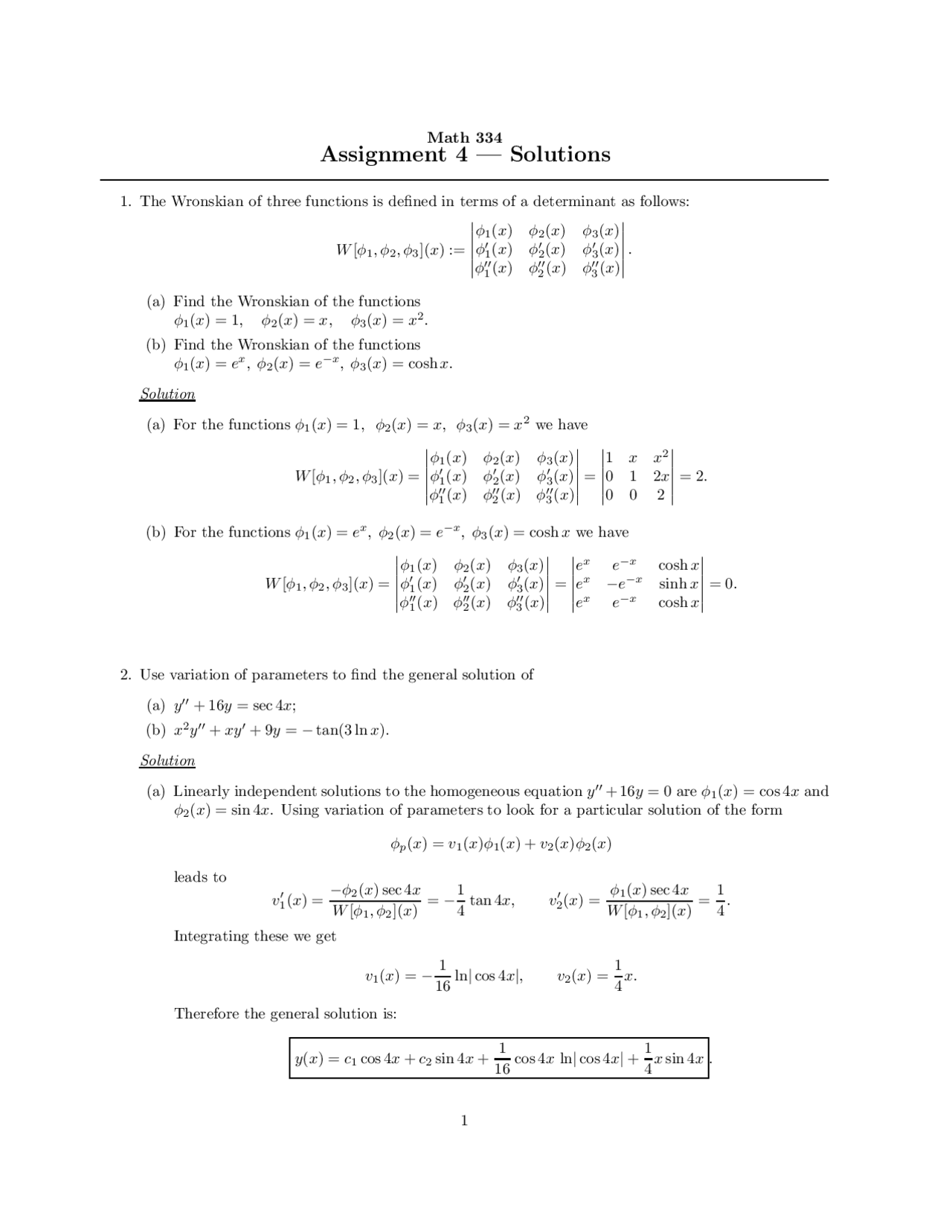 Wronskian Math Assignment Solutions Docsity