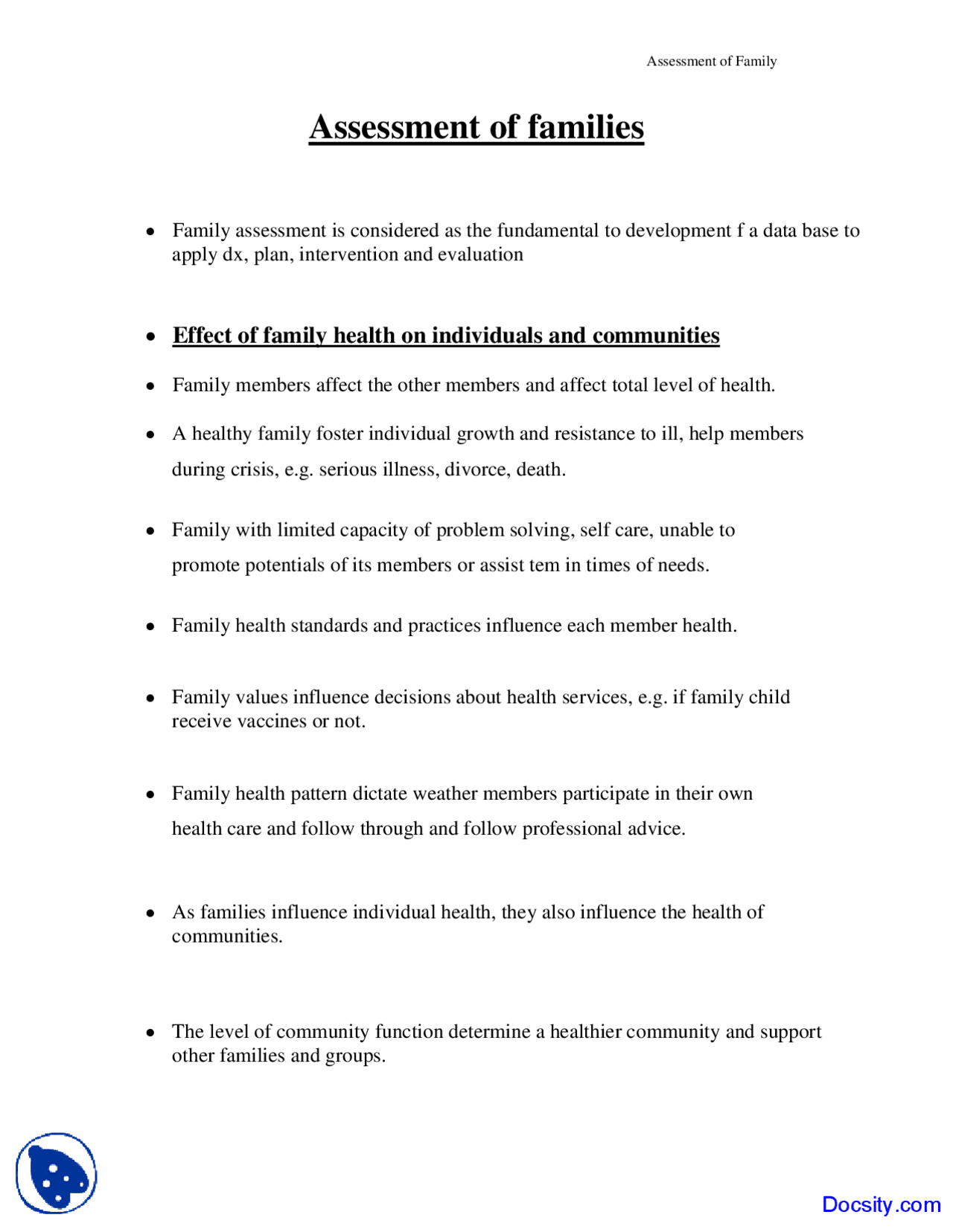 Assessment of Family - Pediatric Nursing - Lecture Notes - Docsity