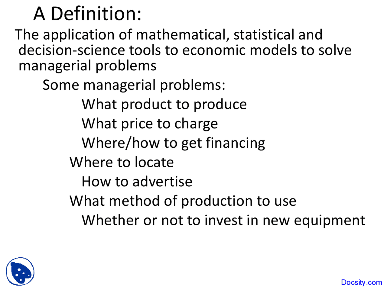 Managerial Problems - Managerial Economics - Lecture Slides - Docsity