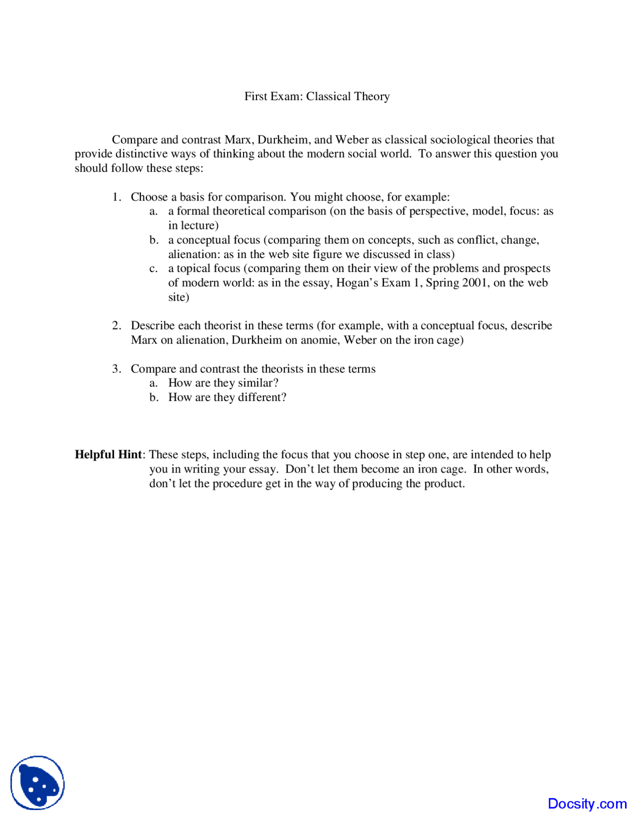 Classical Theory Principles Of Sociology Exam Docsity