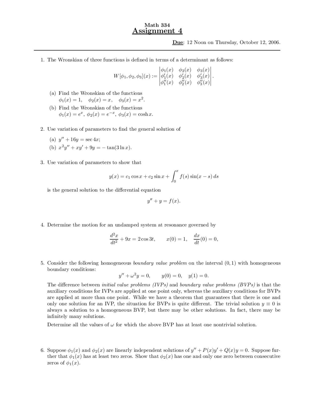 Wronskian Math Assignment Docsity