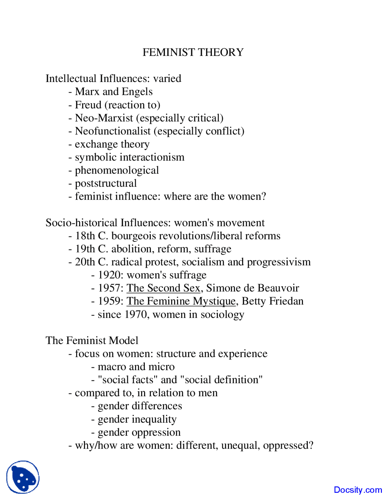 Feminist Theory Principles Of Sociology Lecture Notes Docsity