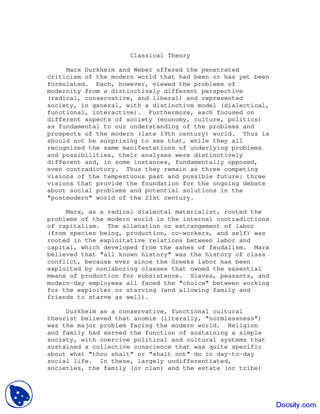Classical Theory Principles Of Sociology Lecture Notes Docsity