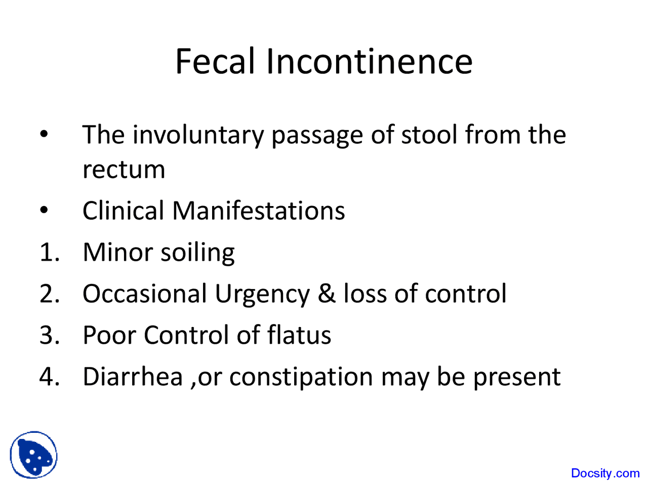 Fecal Incontinence - Pediatric Nursing - Lecture Slides - Docsity