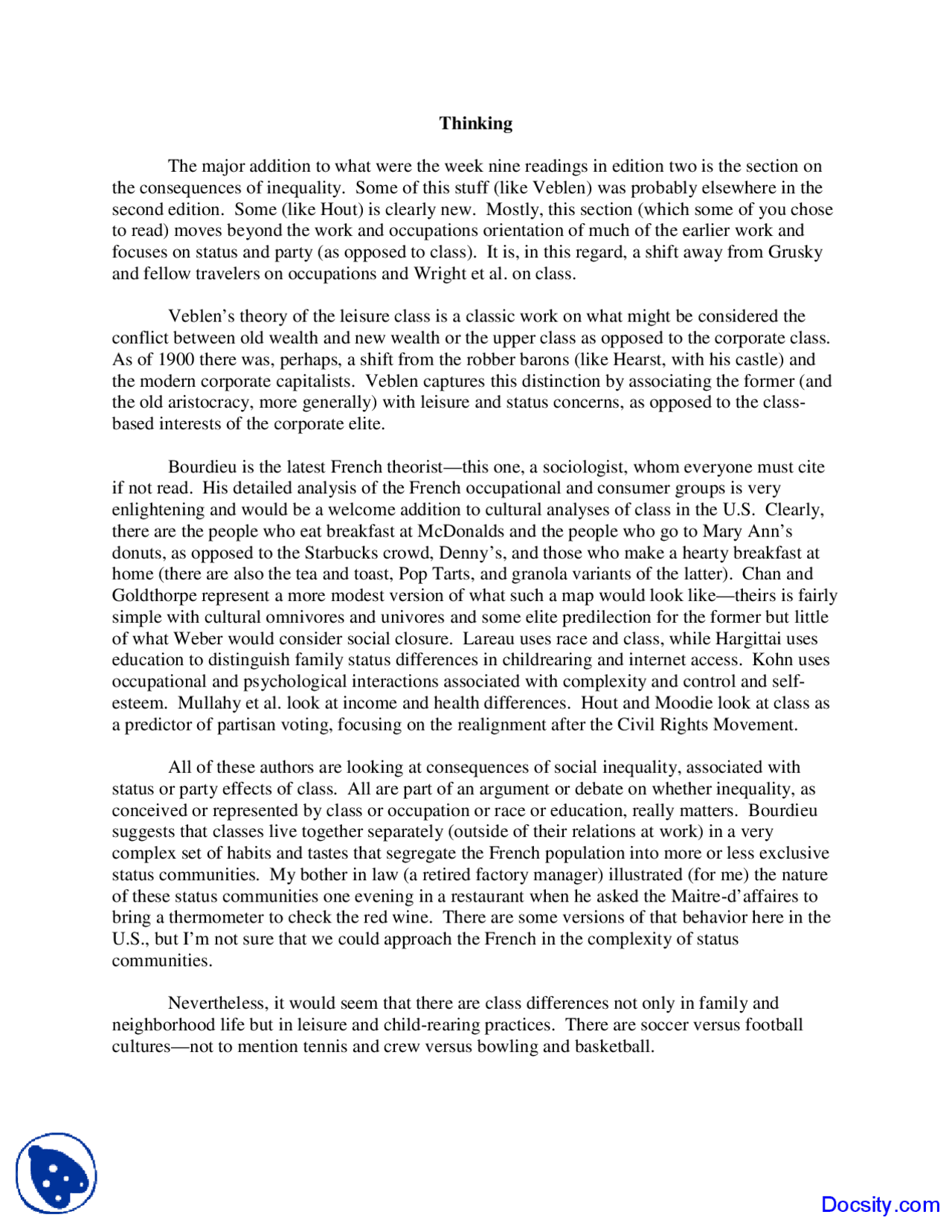 Thinking Social Inequality Race Class And Gender Lecture Notes