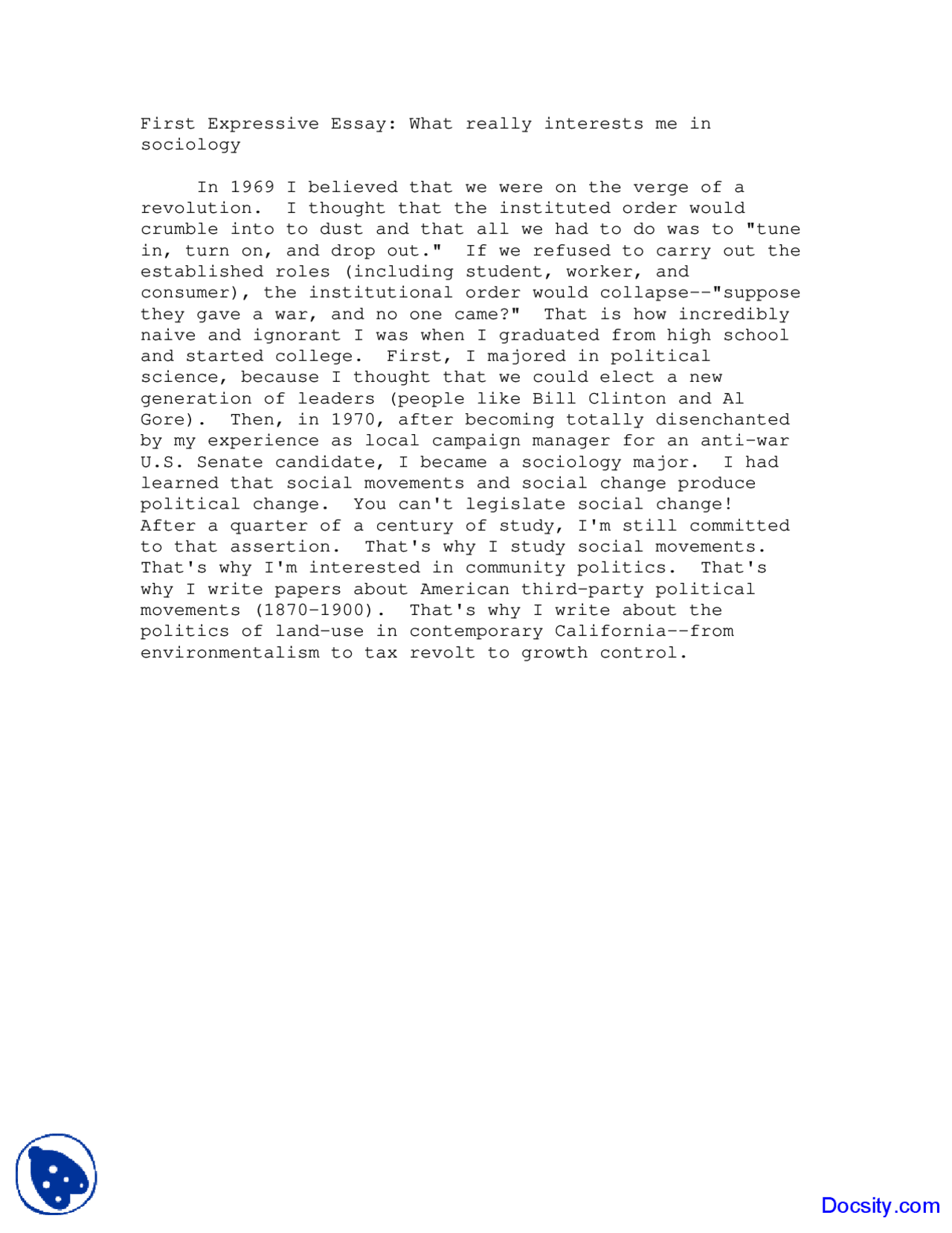 Expressive Essay - Principles of Sociology - Lecture Notes | Essays ...