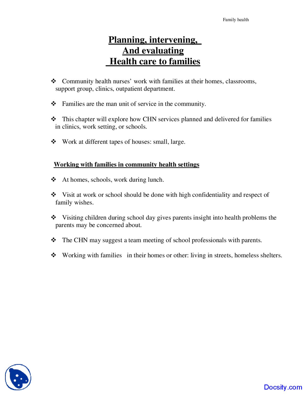 Family Health - Pediatric Nursing - Lecture Notes - Docsity
