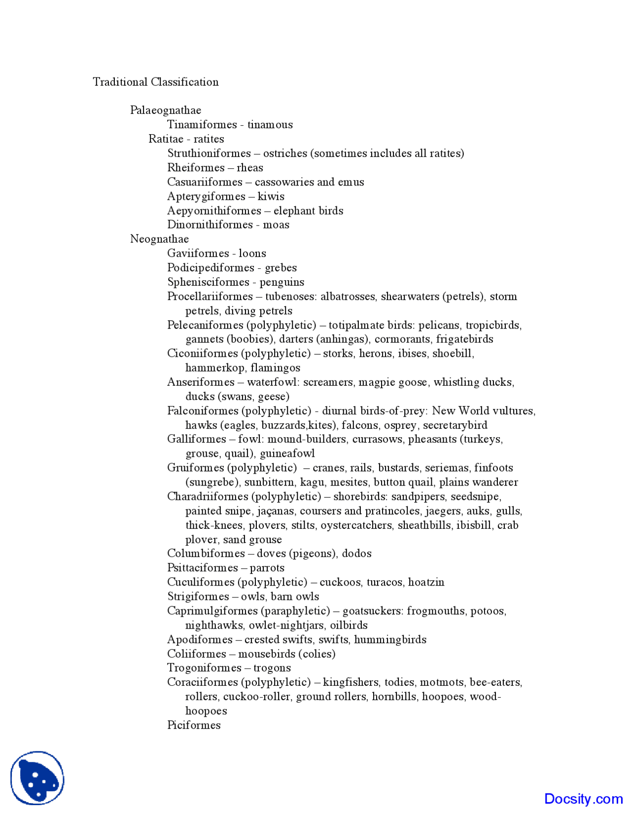 Traditional Classification Advanced Ornithology Lecture Notes Docsity