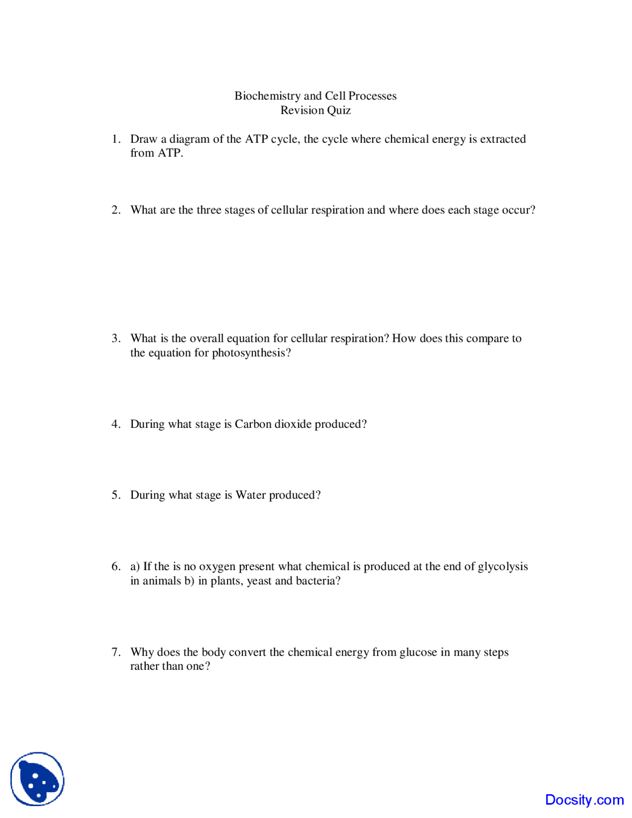 Chemical Energy - Introductory Biology - Quiz - Docsity