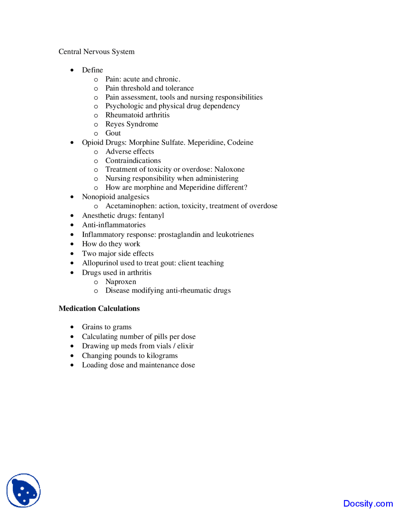 Central Nervous System - Pharmacology - Lecture Notes - Docsity