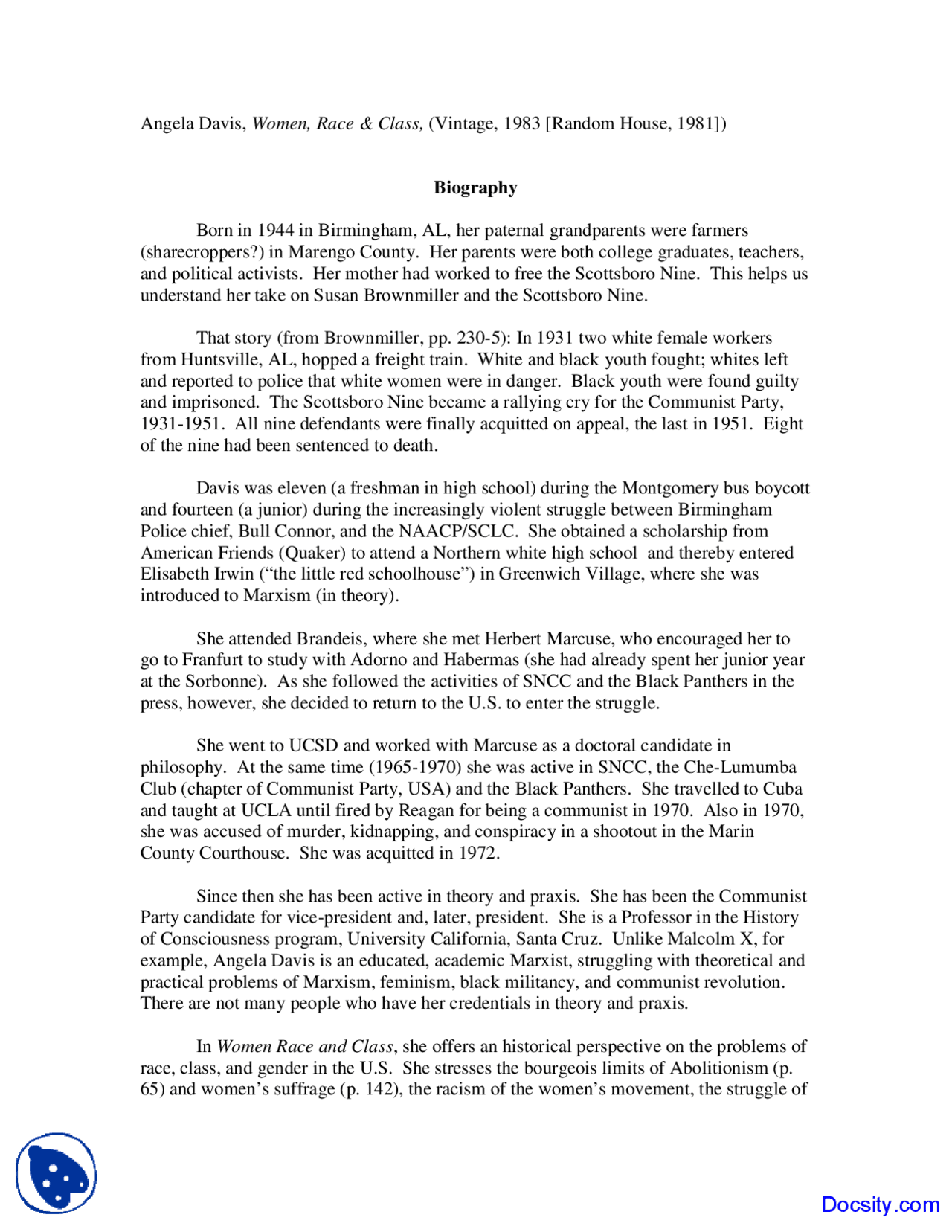Angela Davis Social Inequality Race Class And Gender Lecture Notes