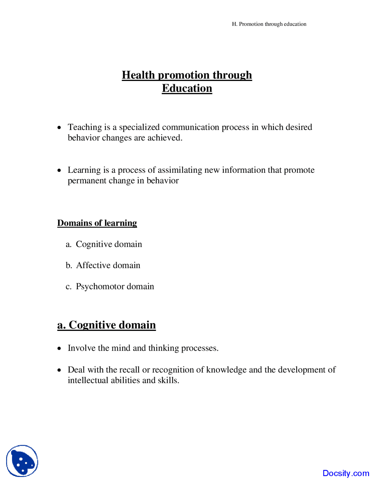 Health Promotion Through Education - Pediatric Nursing - Lecture Notes ...