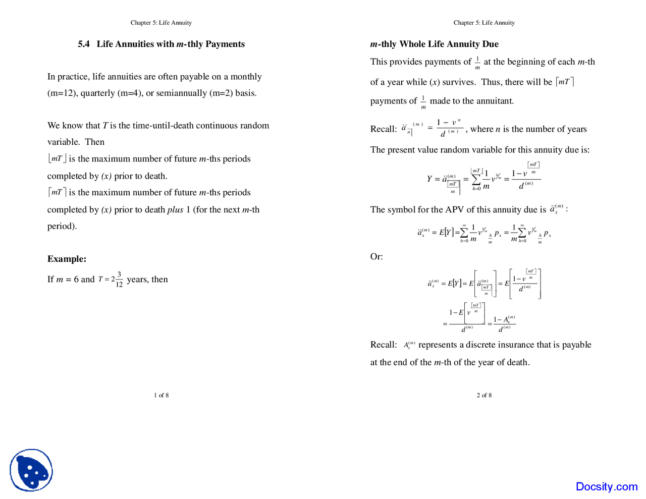 Whole Life Annuity Due - Life Contingencies - Lecture Notes | Study ...