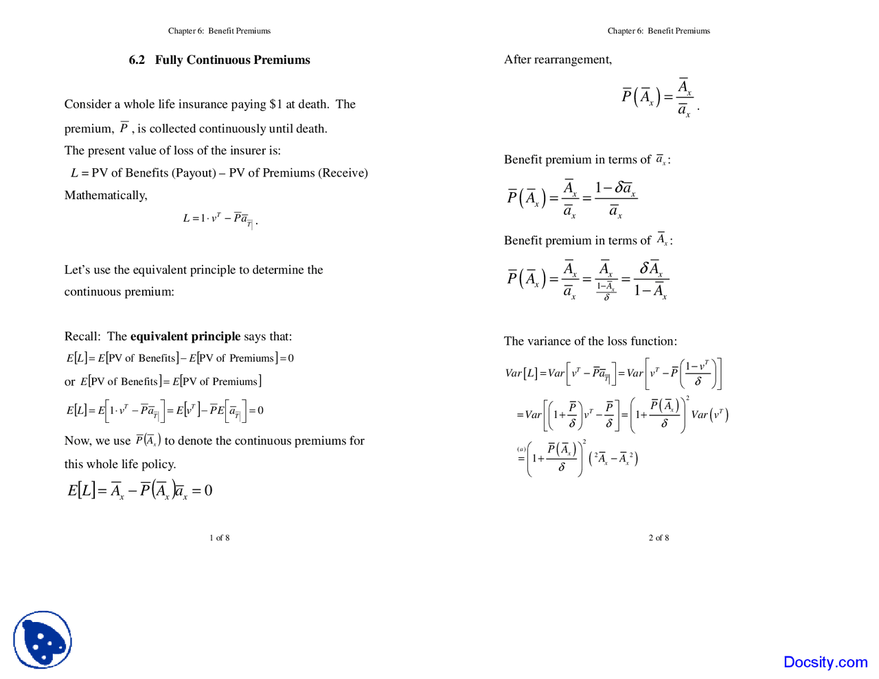 Fully Continuous Premiums - Life Contingencies - Lecture Notes | Study ...