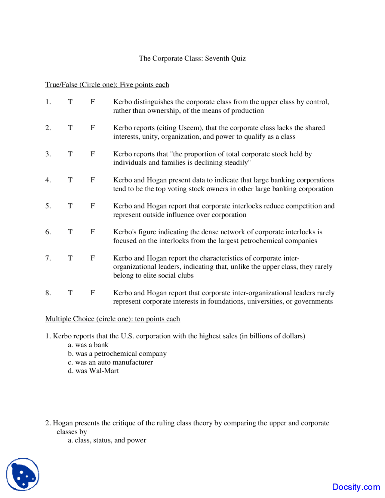 Quiz on The Corporate Class: Understanding the Power Dynamics ...