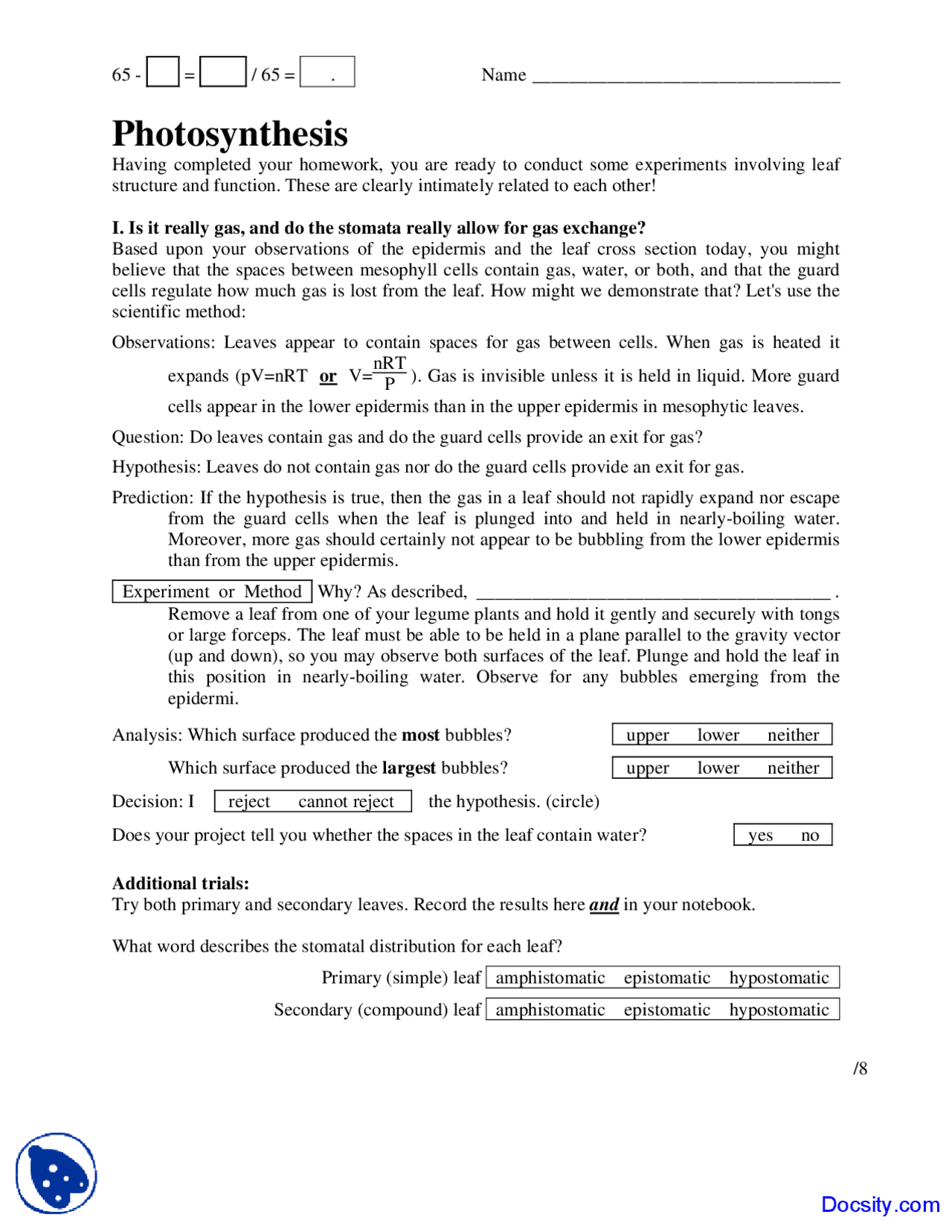 Photosynthesis - Biology of Plants - Lab Manual - Docsity