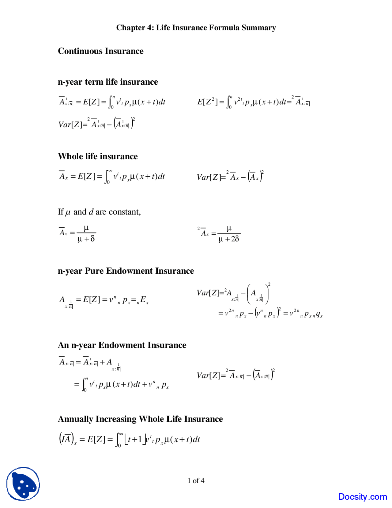 Continuous Insurance - Life Contingencies - Lecture Notes - Docsity