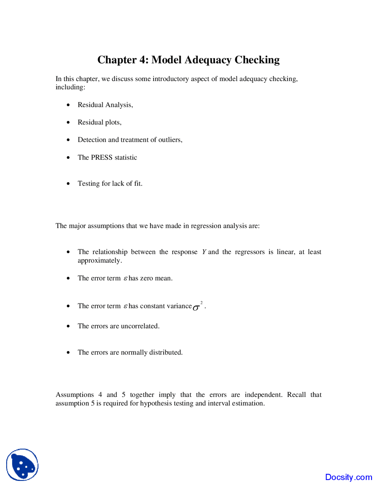 Model Adequacy Checking - Applied Regression Analysis - Lecture Notes ...