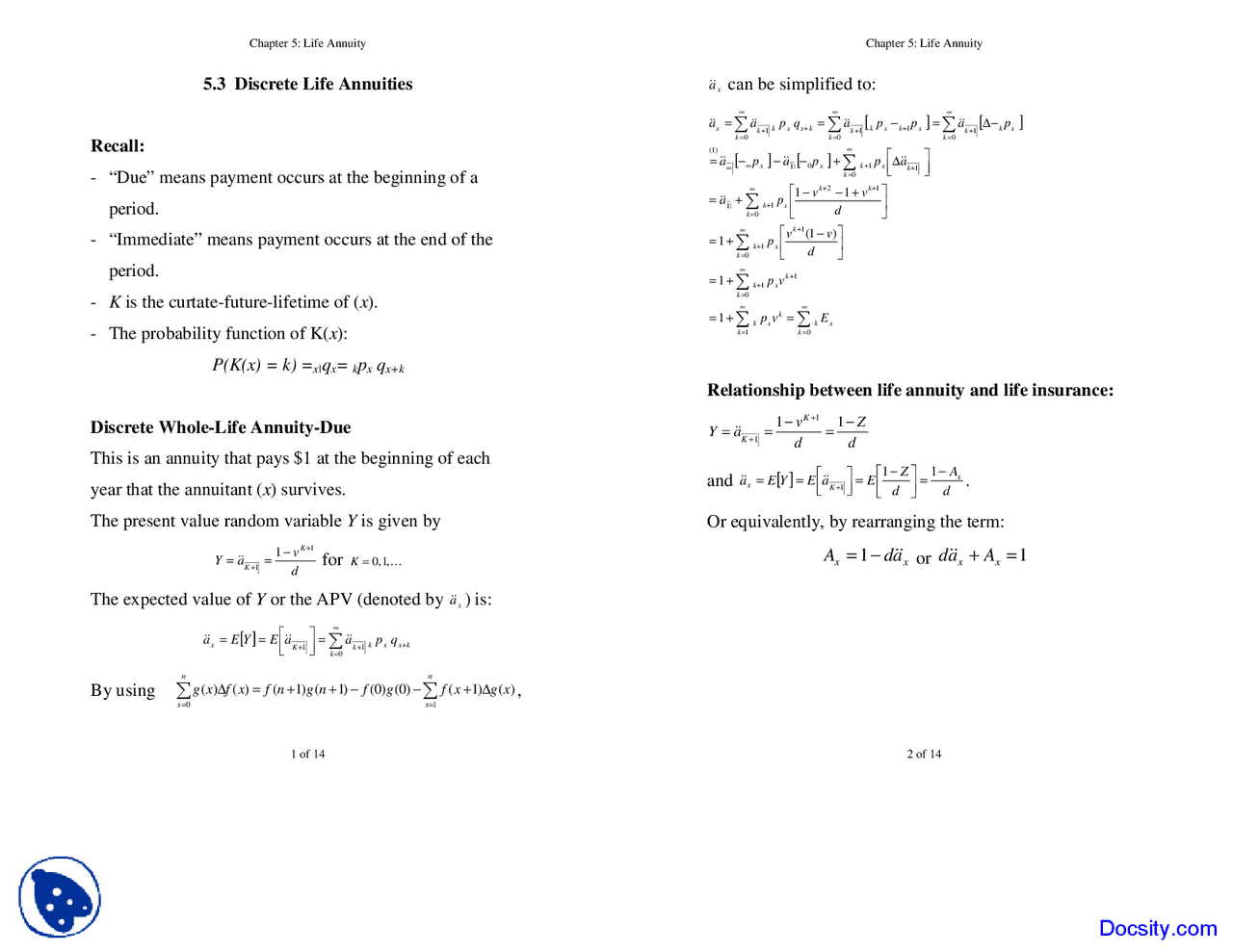 Discrete Life Annuities - Life Contingencies - Lecture Notes - Docsity