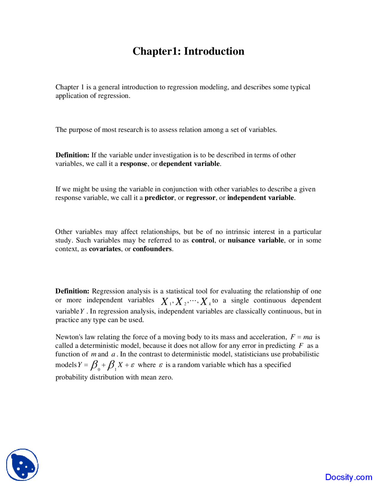 Introduction Applied Regression Analysis Lecture Notes Docsity