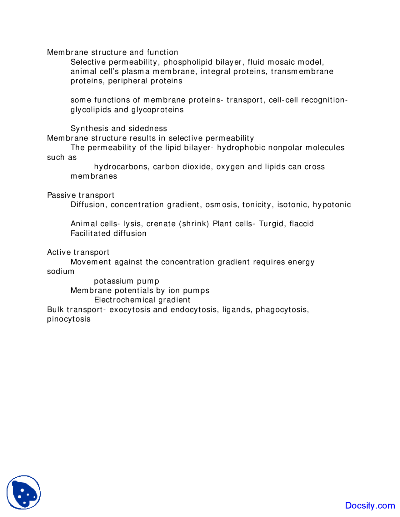 Membrane Structure and Function - Basic Biology - Quiz - Docsity