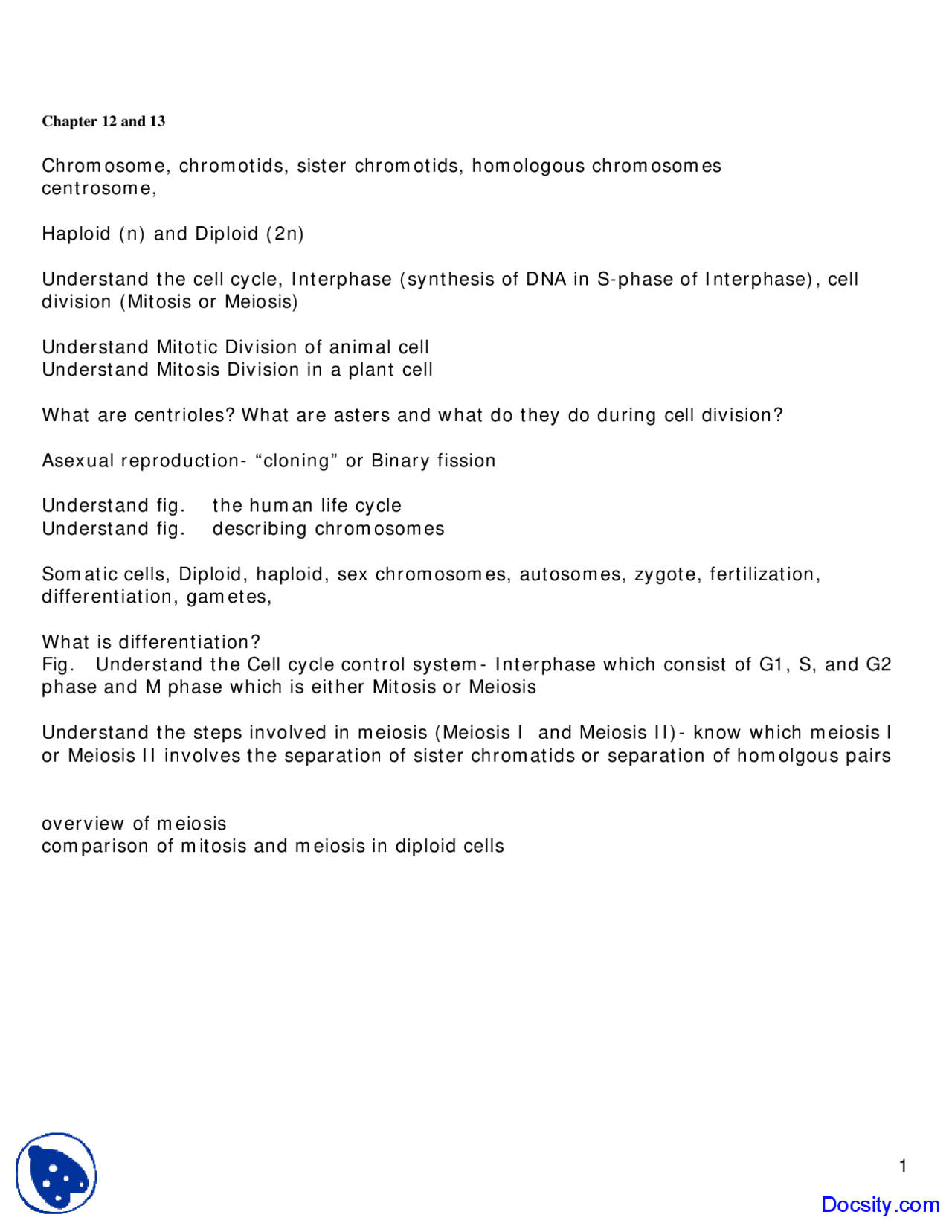 Chromosome, Chromotids - Basic Biology - Quiz - Docsity