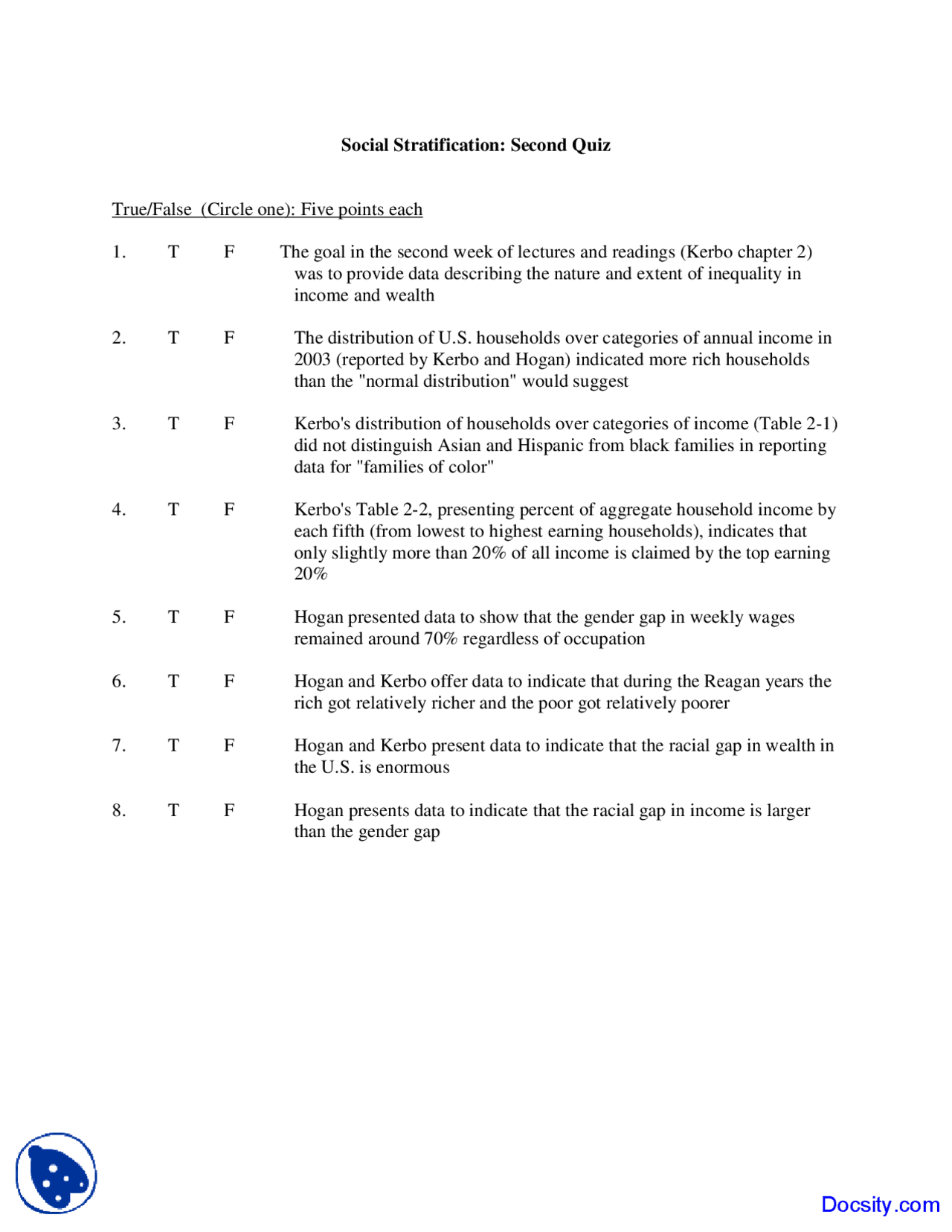 Income and Wealth - Social Stratification - Quiz - Docsity
