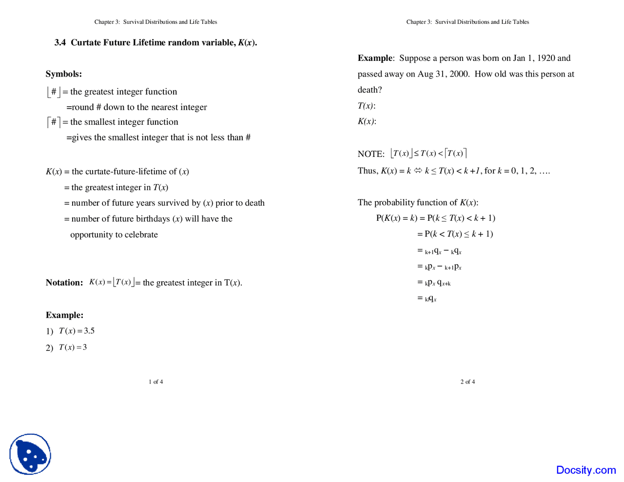Curtate Future Lifetime Random Variable - Life Contingencies - Lecture ...