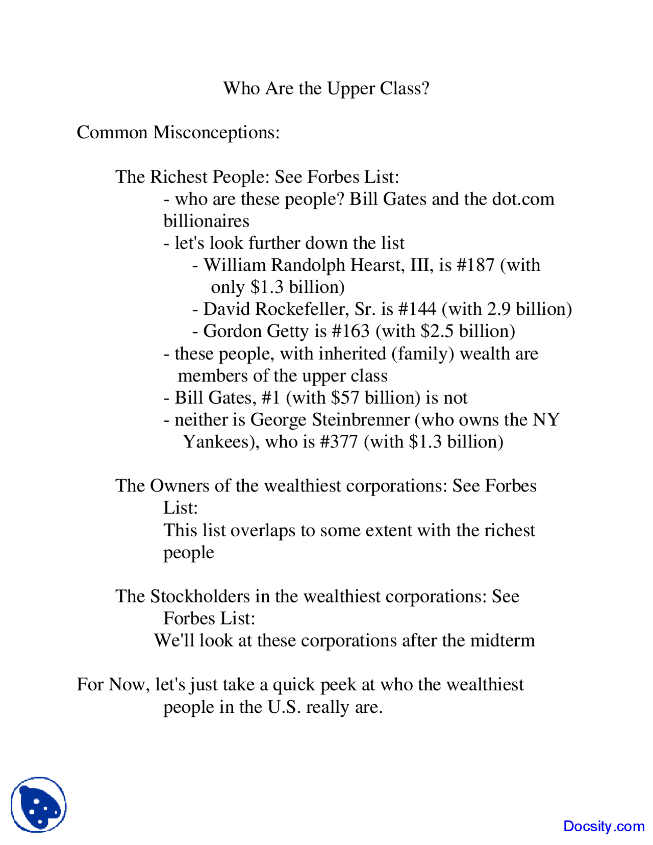 Upper Class Social Stratification Lecture Notes Docsity