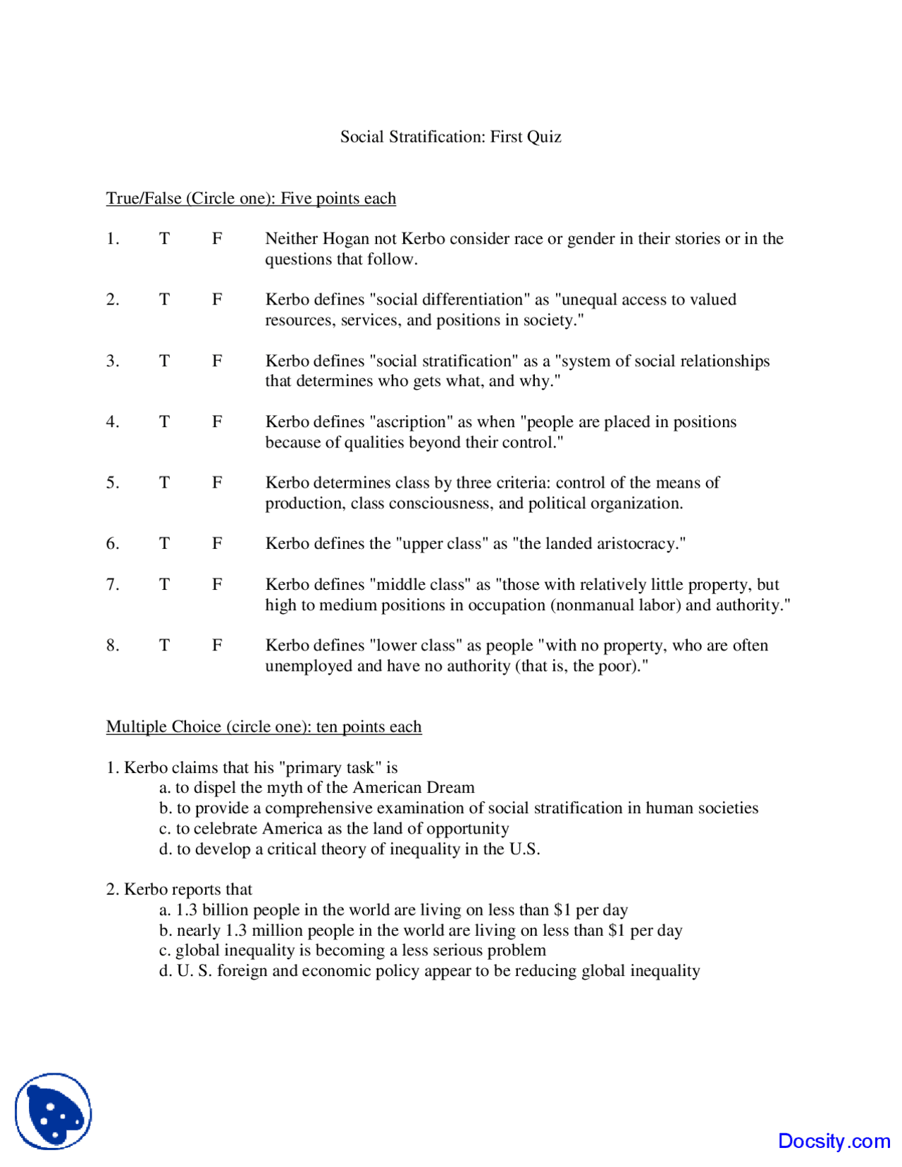 Social Stratification Social Stratification Quiz Docsity